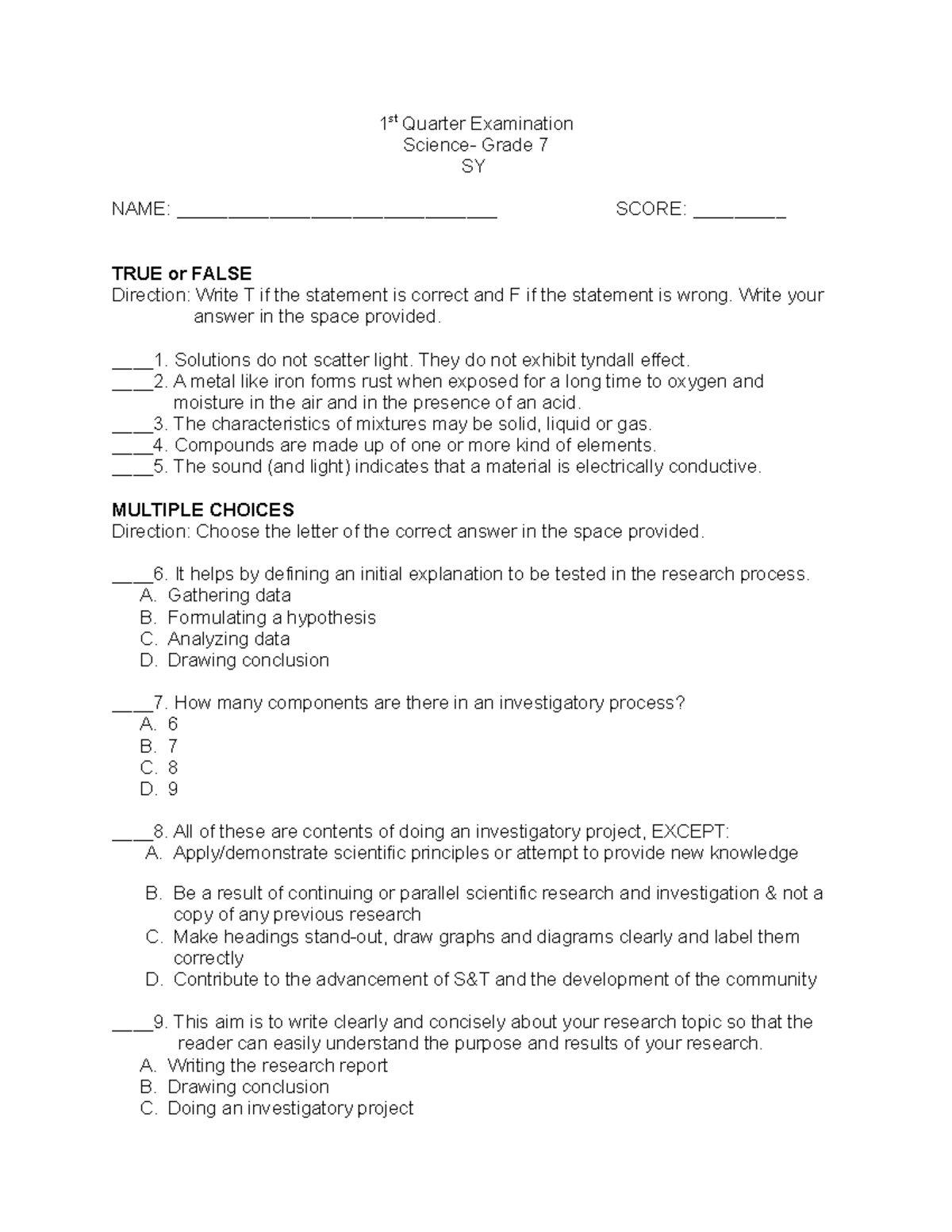 PT Science 7 Q1 - 1 st Quarter Examination Science- Grade 7 SY NAME