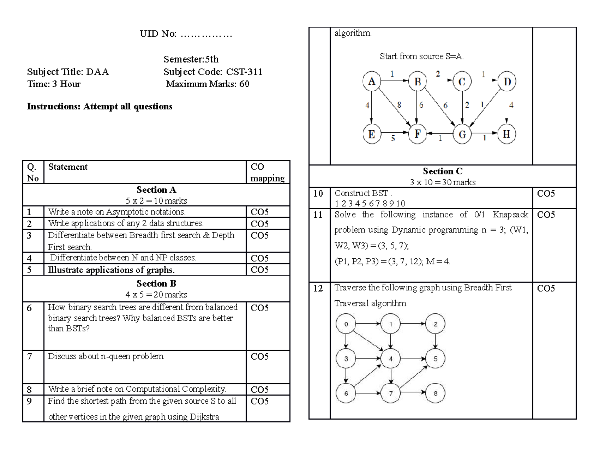 DAA-Mock Paper 2 - UID No: ............... Semester:5th Subject Title ...