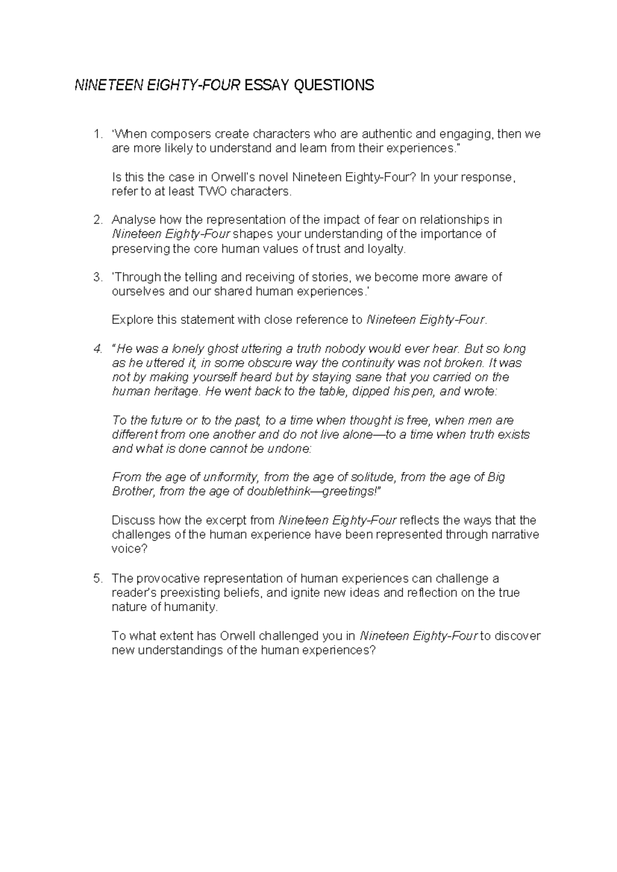 1984 sample essay questions - NINETEEN EIGHTY-FOUR ESSAY QUESTIONS 1 ...