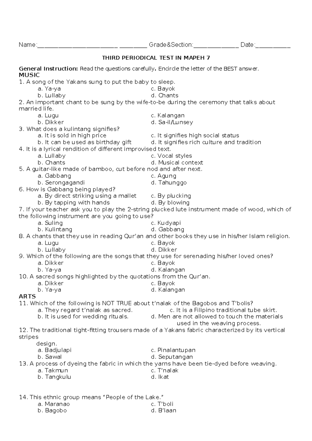 Grade 7 mapeh q3 tq - exam - Name:_______________________ ________ Grade&Section ...