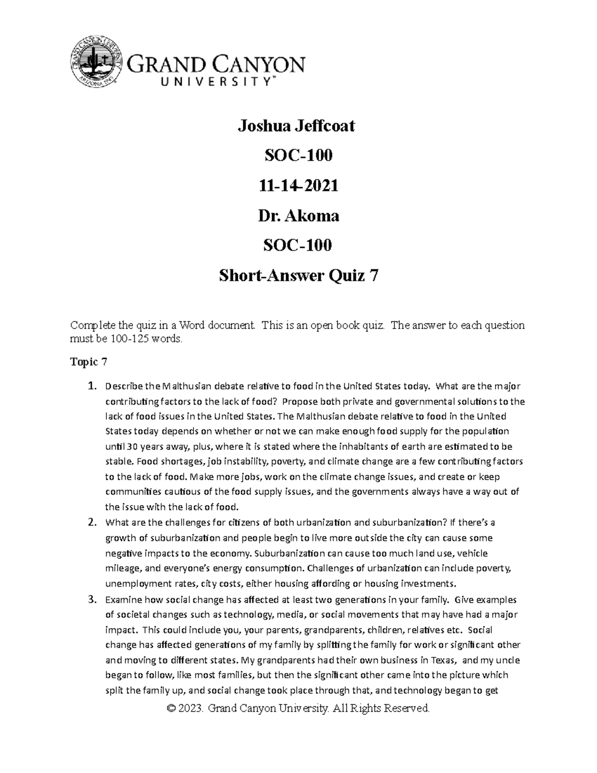 Joshua Jeffcoat Dr. Akoma Quiz 7 - Studocu