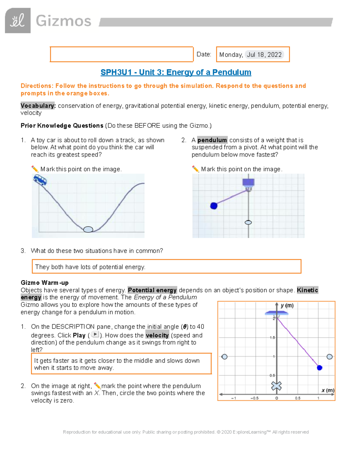 Unit 3 Energy of a Pendulum - Date: Monday, Jul 18, 2022 SPH3U1 - Unit ...