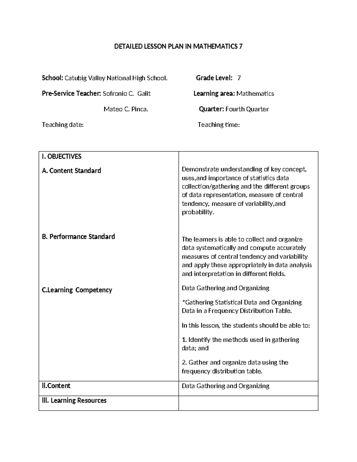 Detailed Lesson-ingatheringdata - DETAILED LESSON PLAN IN MATHEMATICS 7 ...