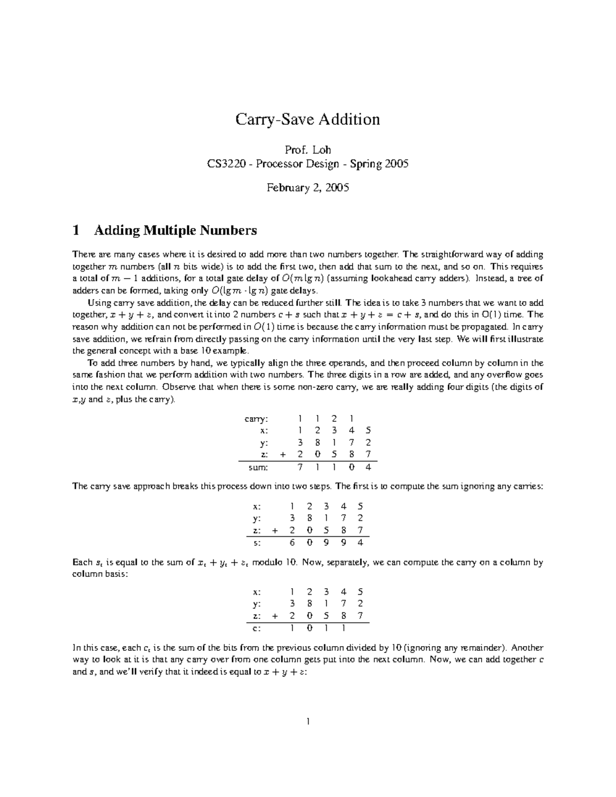 Carry save addition - adder - Carry-Save Addition Prof. Loh CS3220 ...