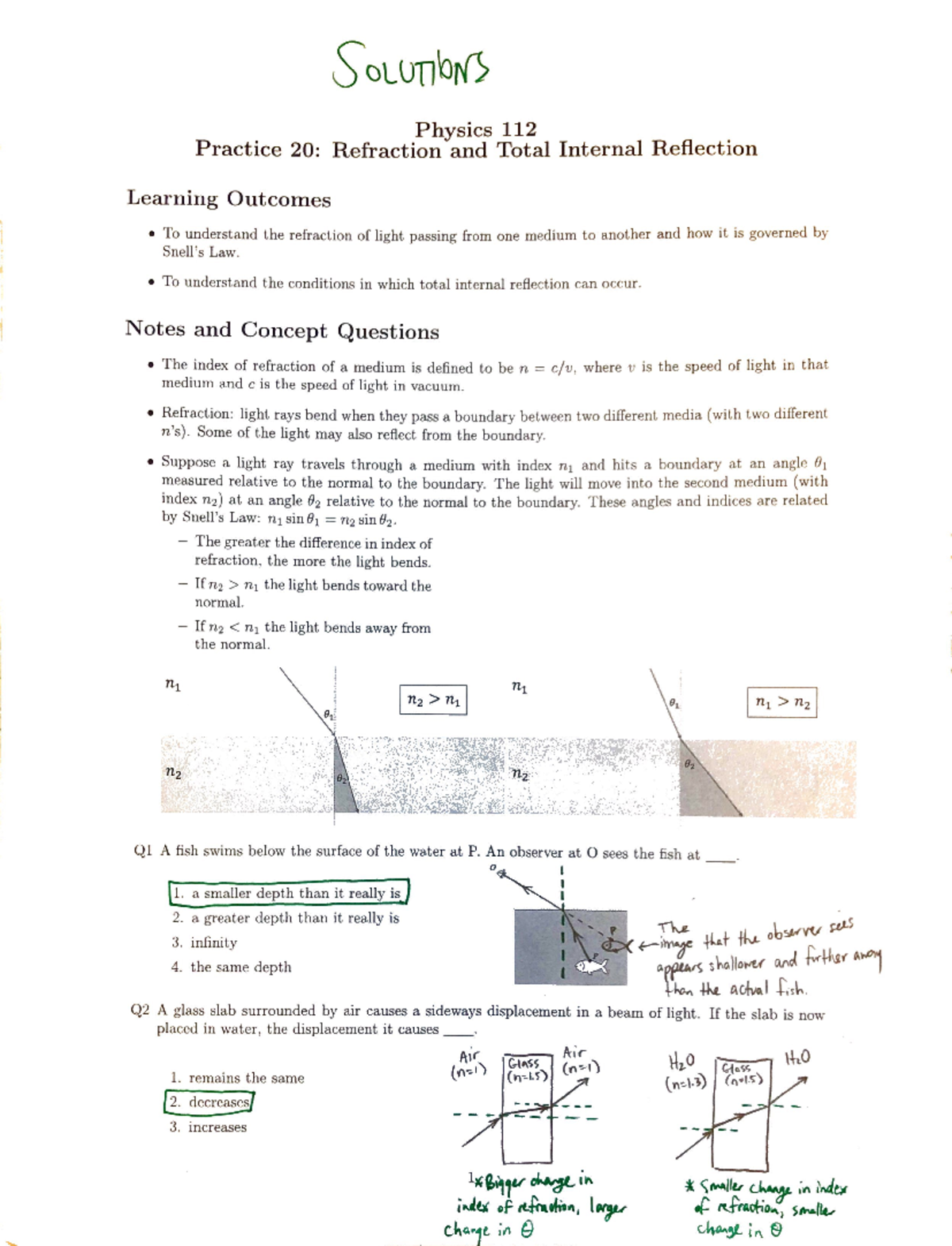 Solutions Practice 20 Refraction - PHY 112 - Studocu