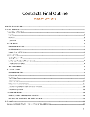 Contracts Outline v - Contracts Outline Chapter 1: Introduction What is a contract - GENERAL ...
