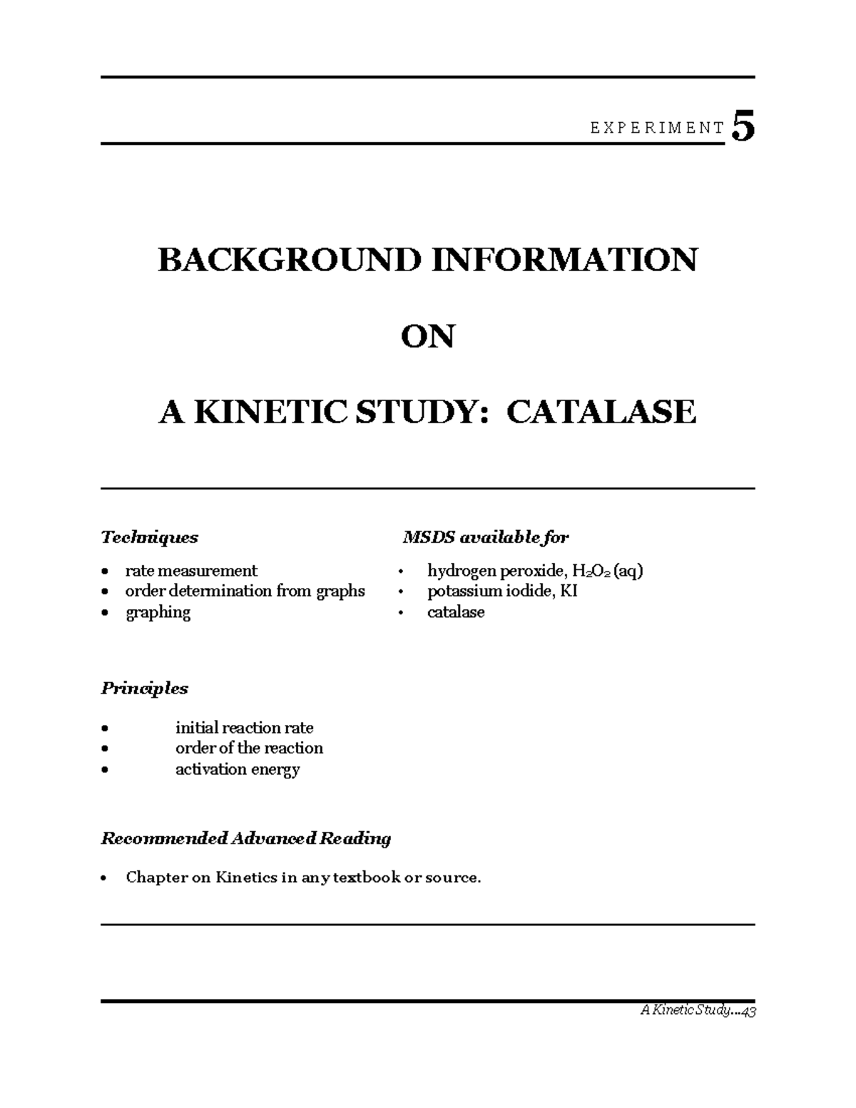 LAB #5 INSTRUCTIONS - A Kinetic Study... 43 E X P E R I M E N T 5 ...