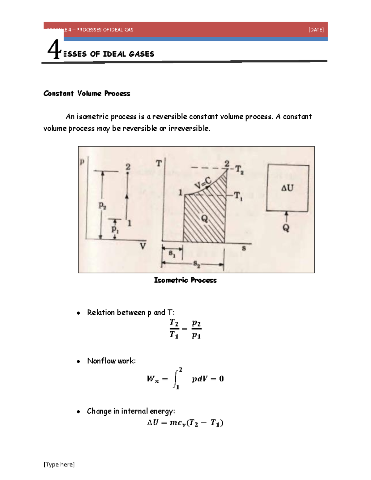Module 4 - PROCESSES OF IDEAL GASES Constant Volume Process An ...