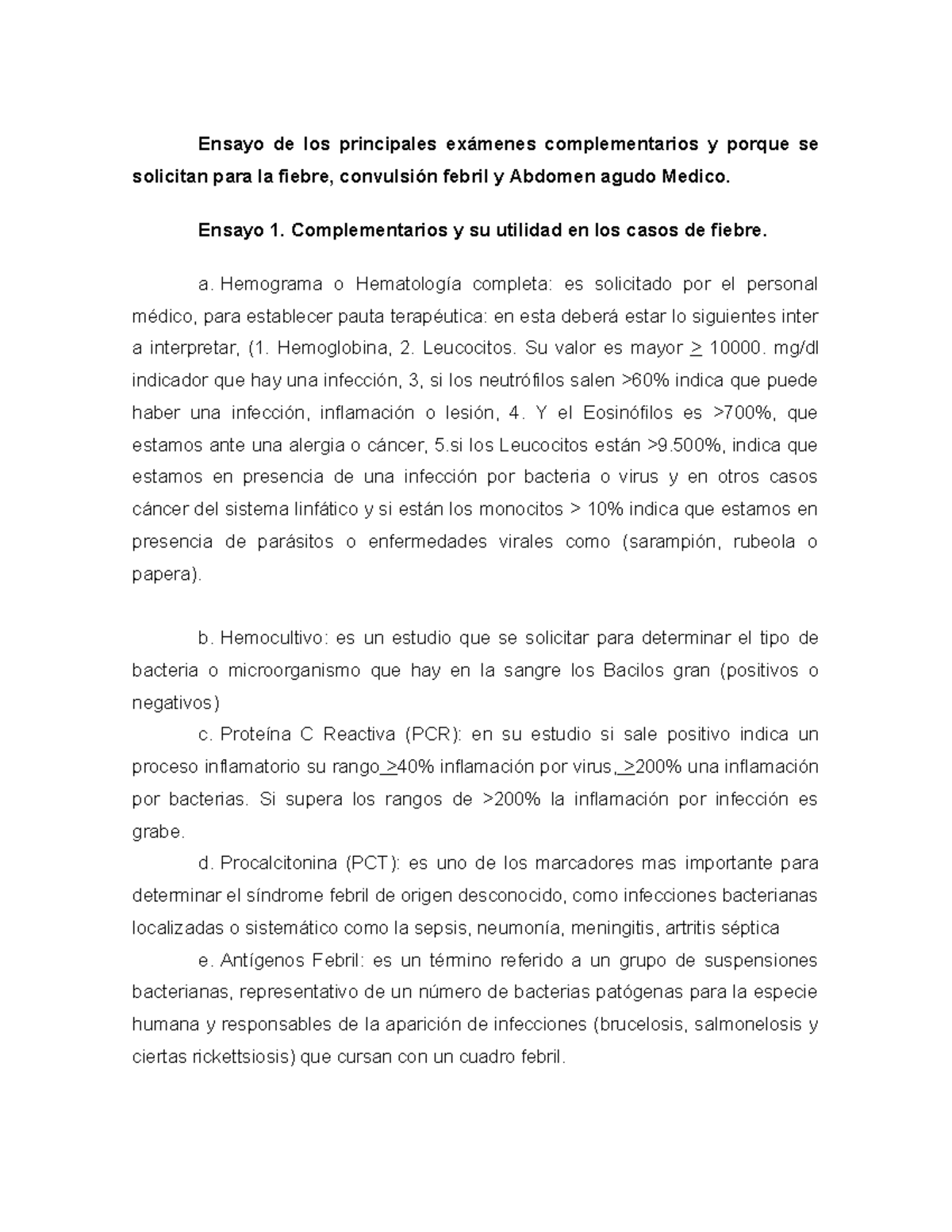 Ensayo de los principales exámenes complementarios y porque francisco osuna 14433554 - Ensayo de ...