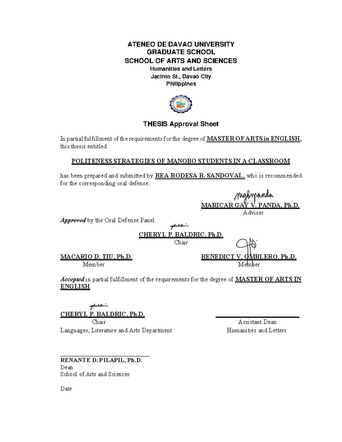 Thesis Approval Sheet PDF - ATENEO DE DAVAO UNIVERSITY GRADUATE SCHOOL ...