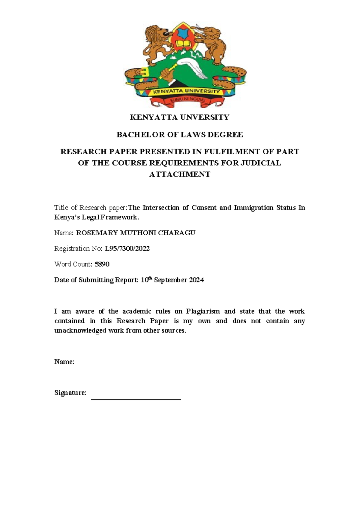 immigration and consent - KENYATTA UNVERSITY BACHELOR OF LAWS DEGREE ...