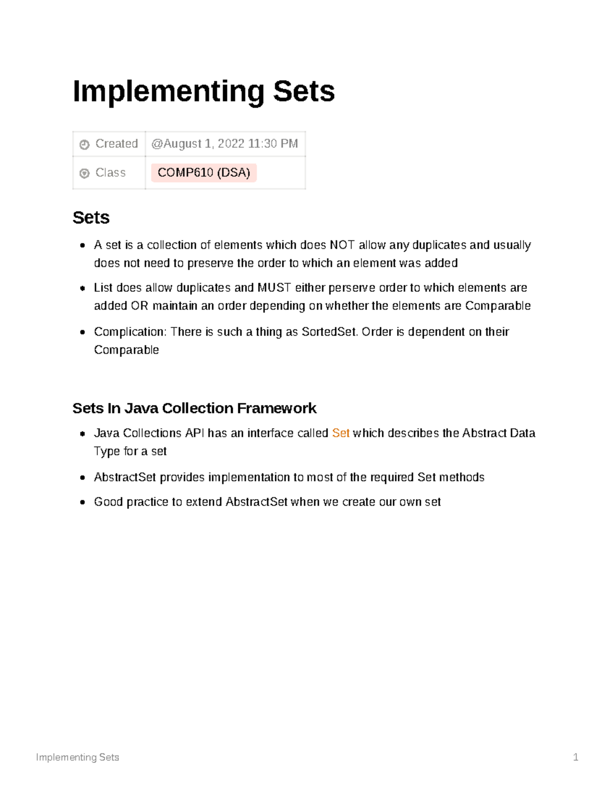 Implementing Sets - Implementing Sets Created Class COMP610 (DSA) Sets ... Implementing Sets - Implementing Sets Created Class COMP610 (DSA) Sets ...
