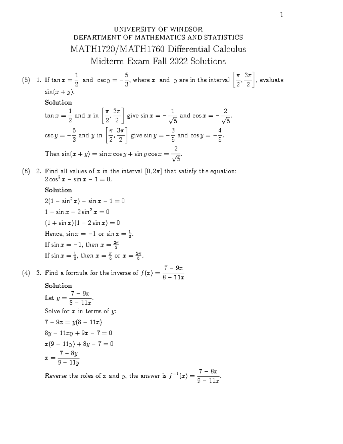 MATH172017 60-Midterm-F2022 solutions - UNIVERSITY OF WINDSOR ...