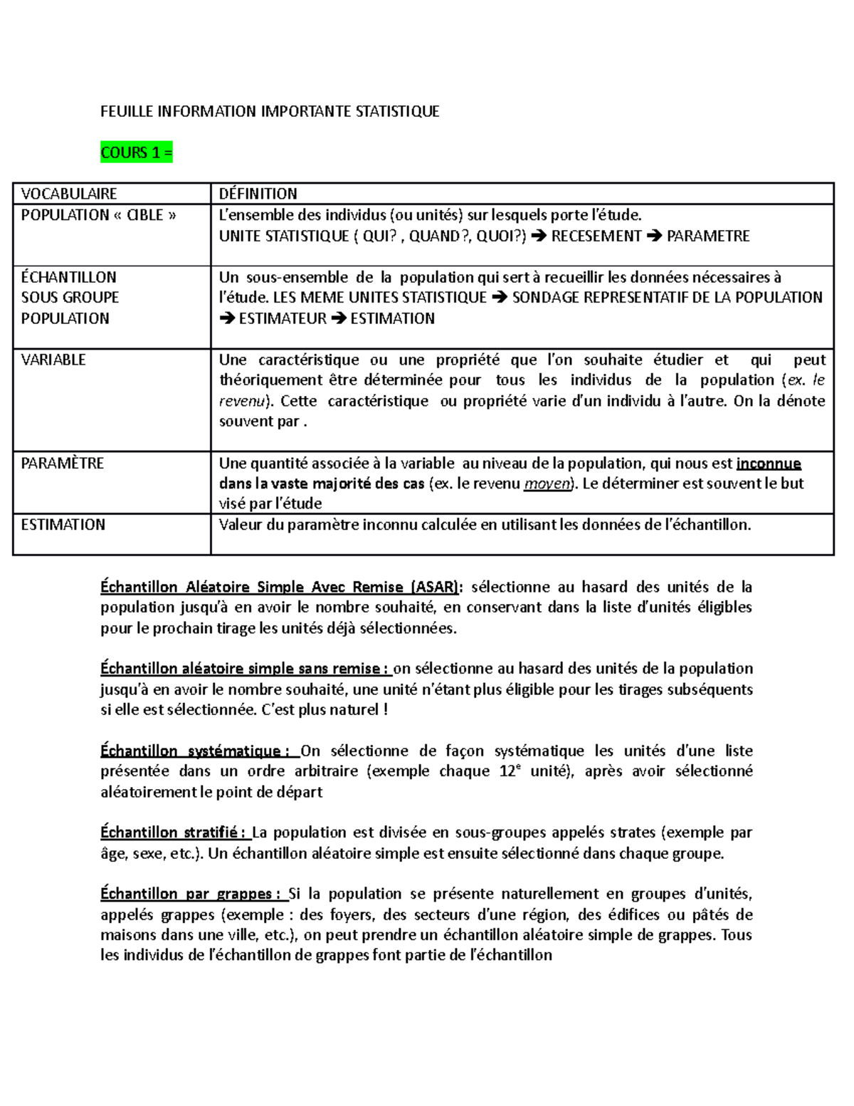 Feuille Information Importante Statistique - ####### FEUILLE ...