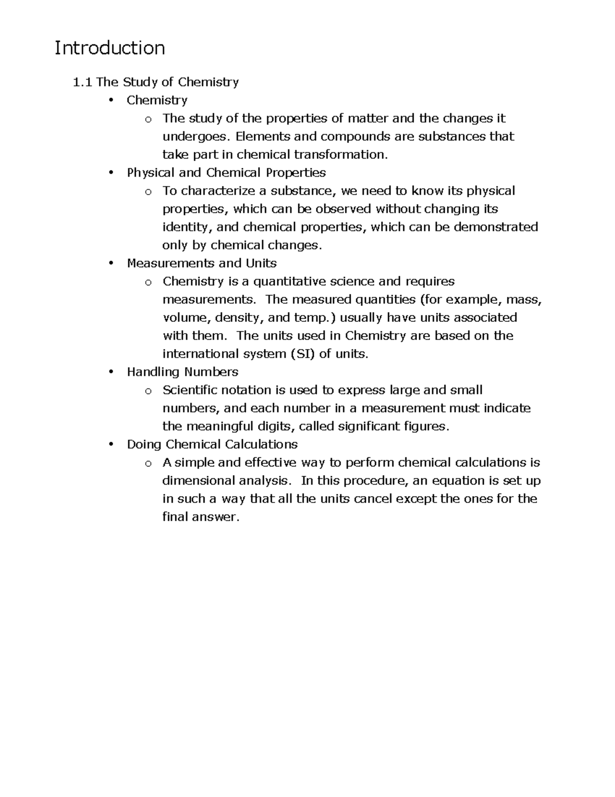 Chemistry - Chapter Summaries - Introduction 1 The Study of Chemistry ...