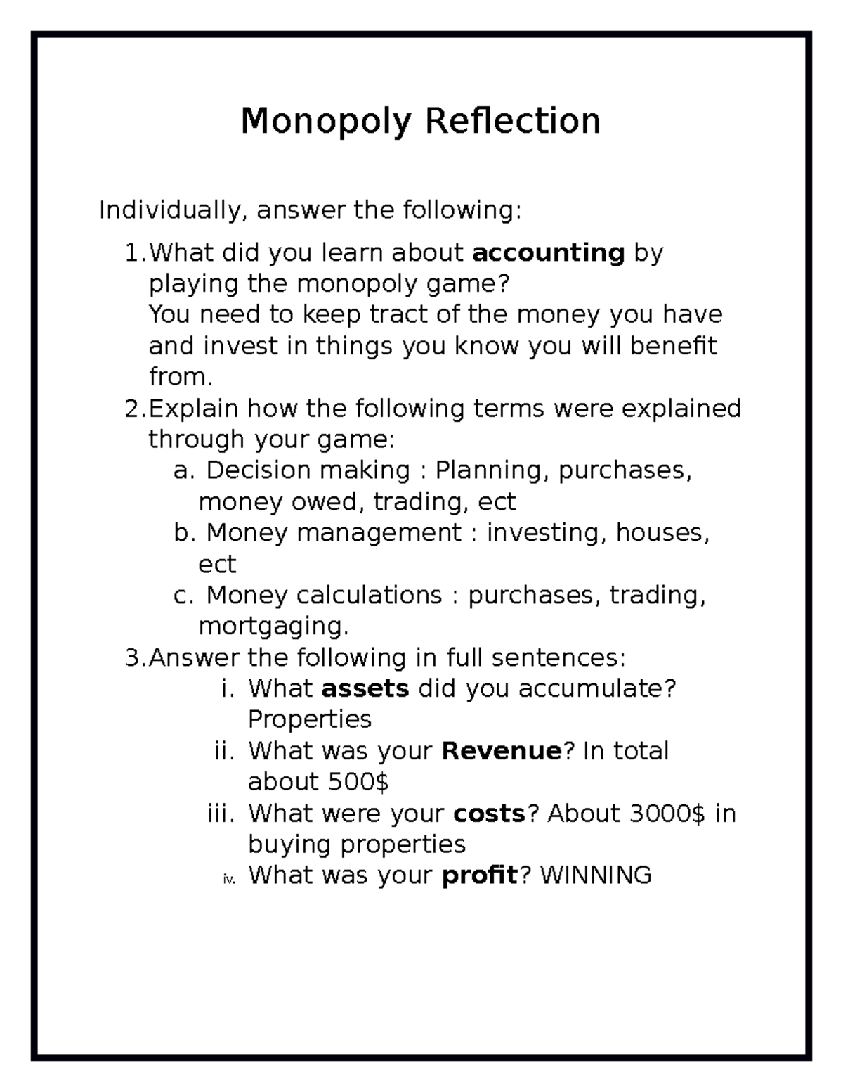 Monopoly Reflection - ahh - Monopoly Reflection Individually, answer ...