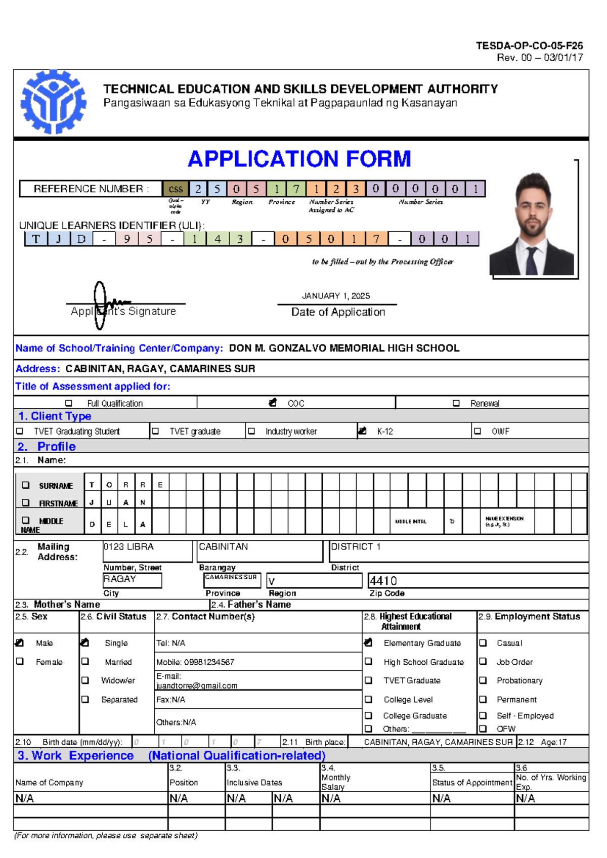 Sample Application Form - Jdtorre - TESDA-OP-CO- 05 - F Rev. 00 – 03/01 ...