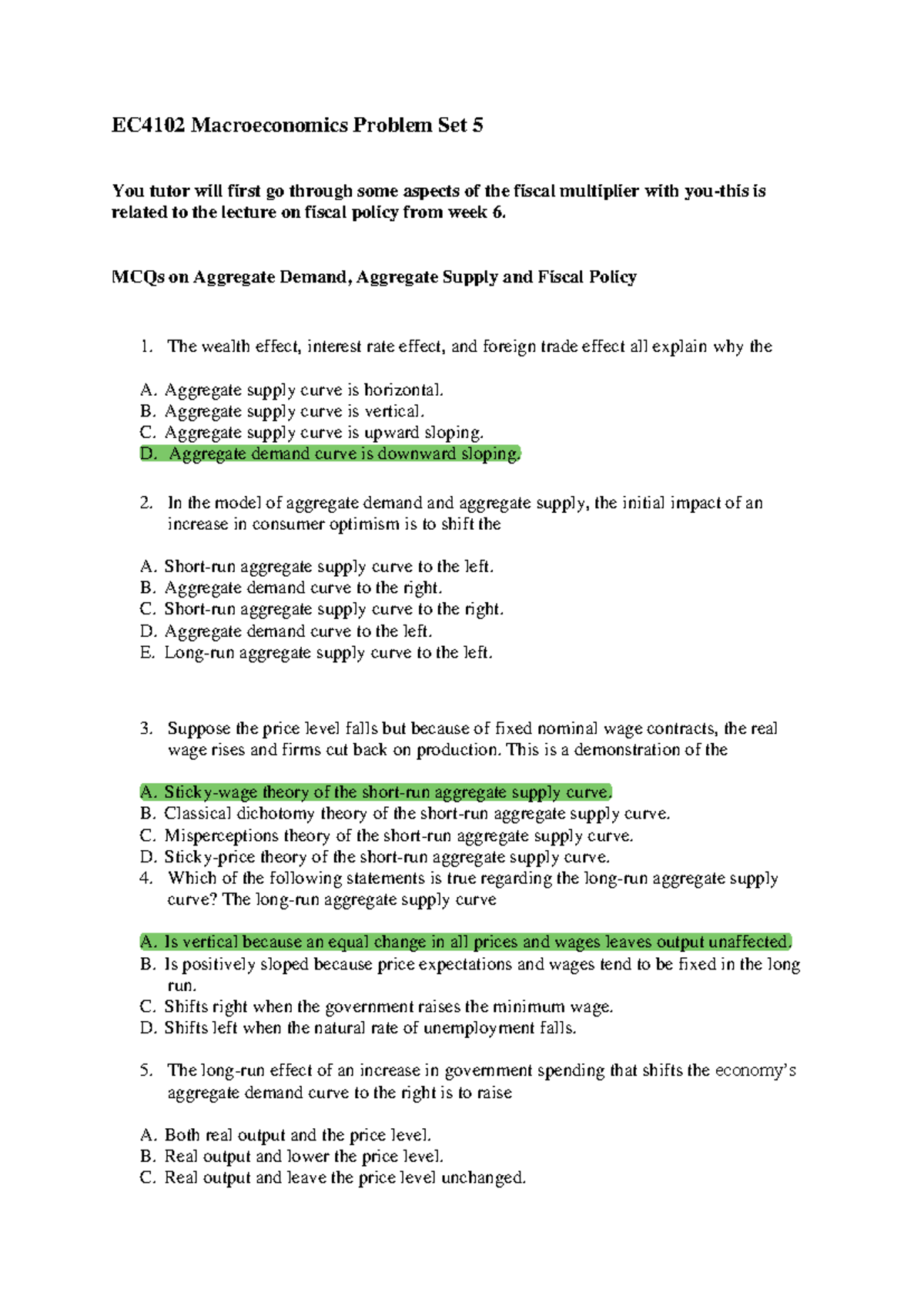Week 7 Tutorial Sheet 5 Ec4 102 Macroeconomics Problem Set 5 You Tutor Will First Go Through