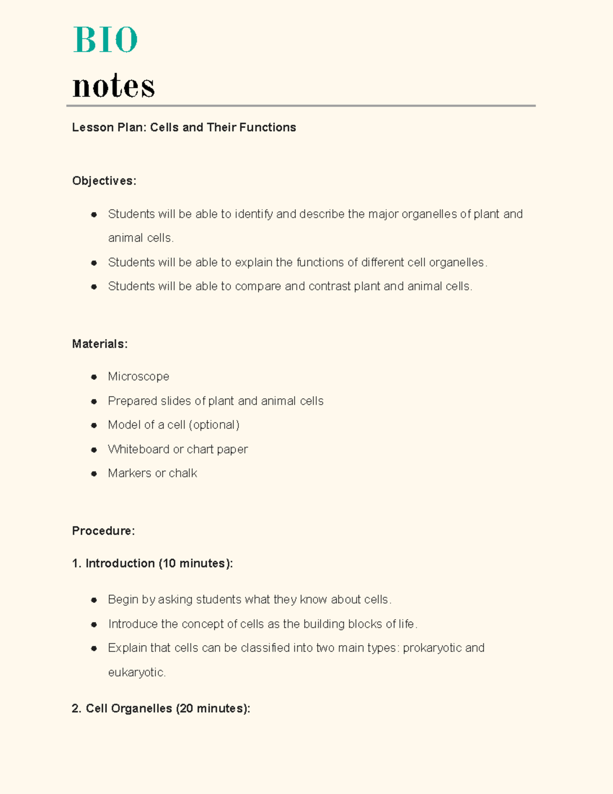 Biology Class Notes (12) - BIO notes Lesson Plan: Cells and Their ...