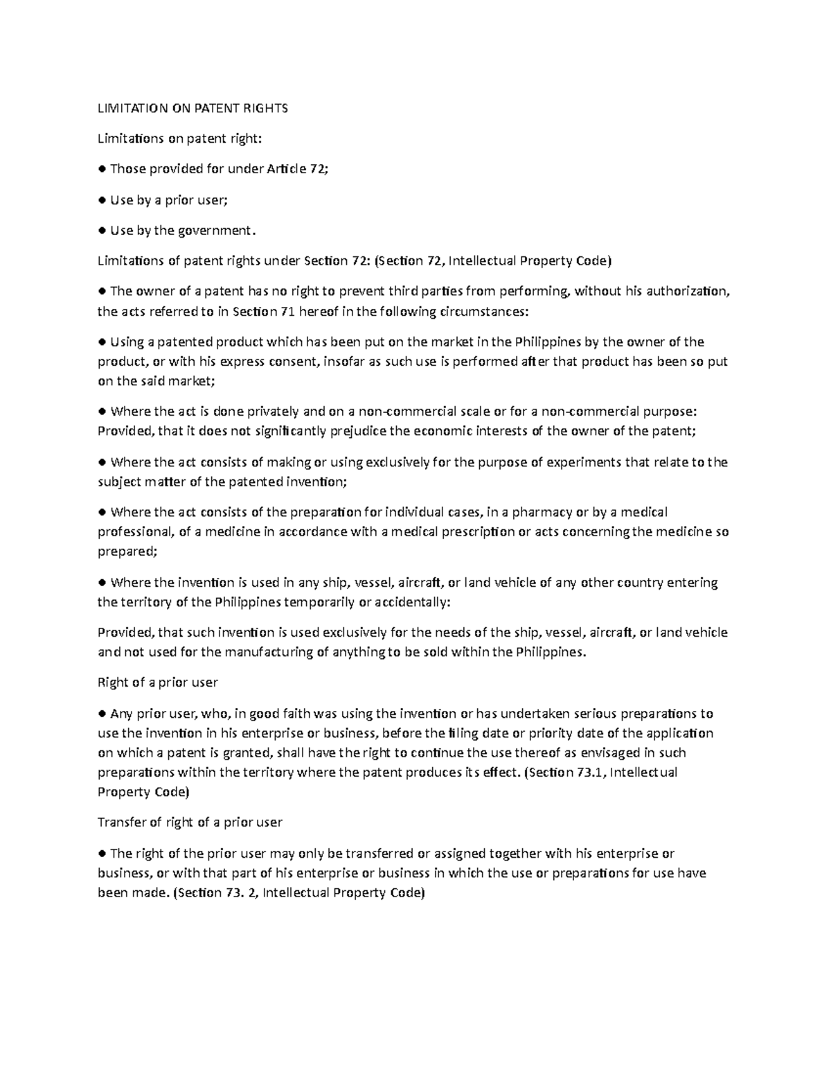 Limitations on patent right - LIMITATION ON PATENT RIGHTS Limitations ...