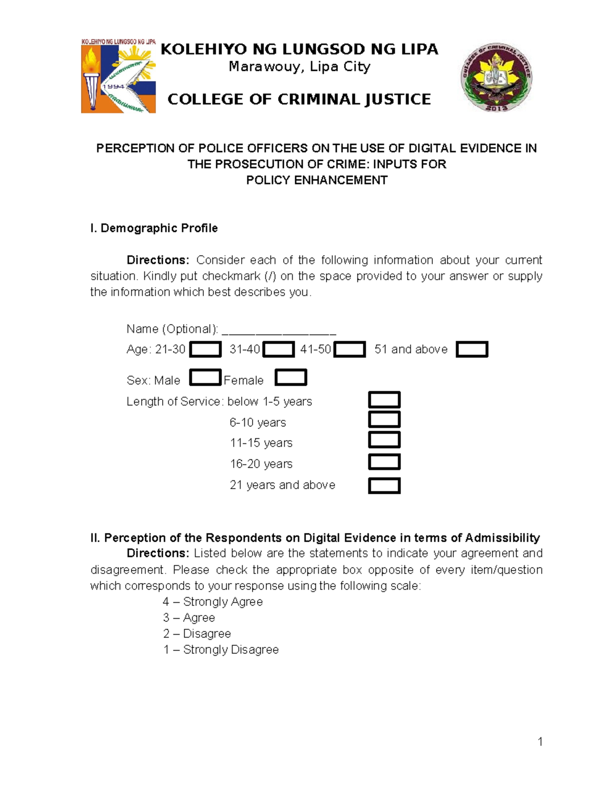 Survey questionnaire - Marawouy, Lipa City COLLEGE OF CRIMINAL JUSTICE ...