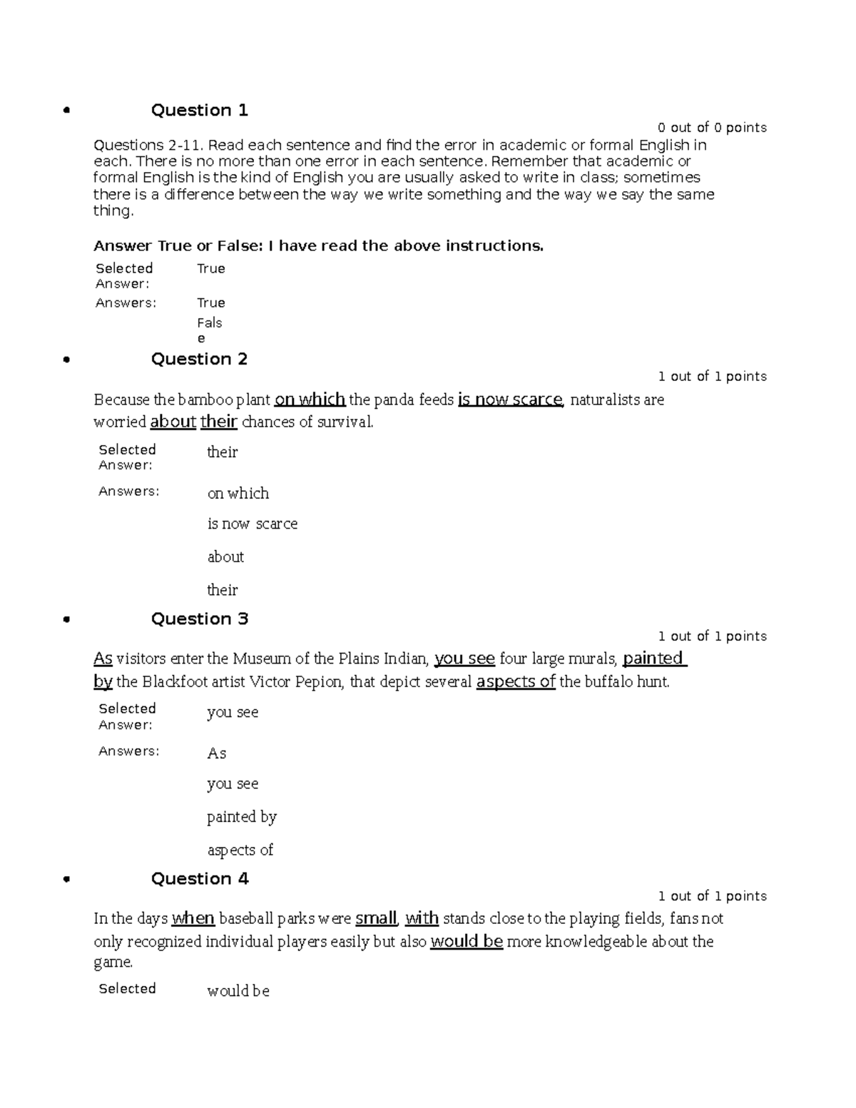 English assesment Copy - Question 1 0 out of 0 points Questions 2-11 ...