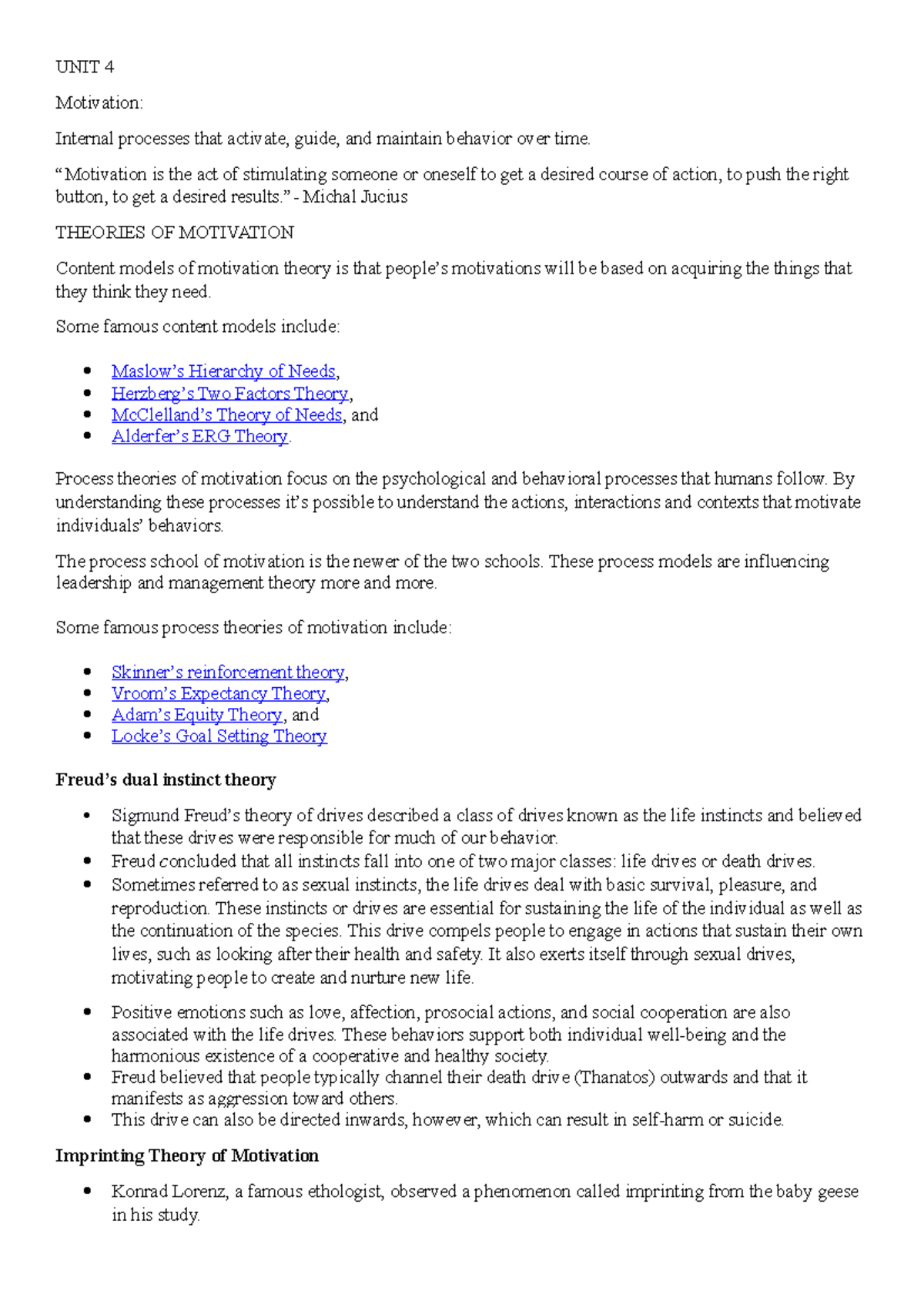 UNIT 4 motivation - UNIT 4 Motivation: Internal processes that activate ...