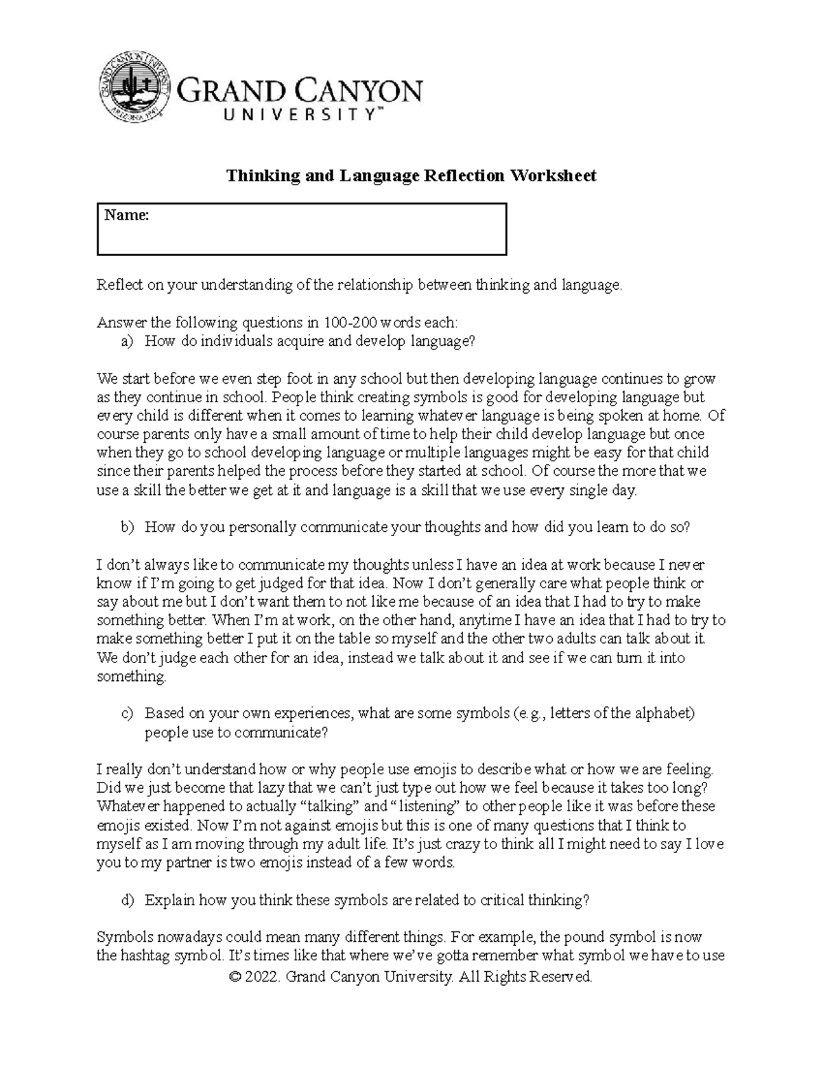PHI105 T5 Thinking and Language Reflection Worksheet - Thinking and Language Reflection ...