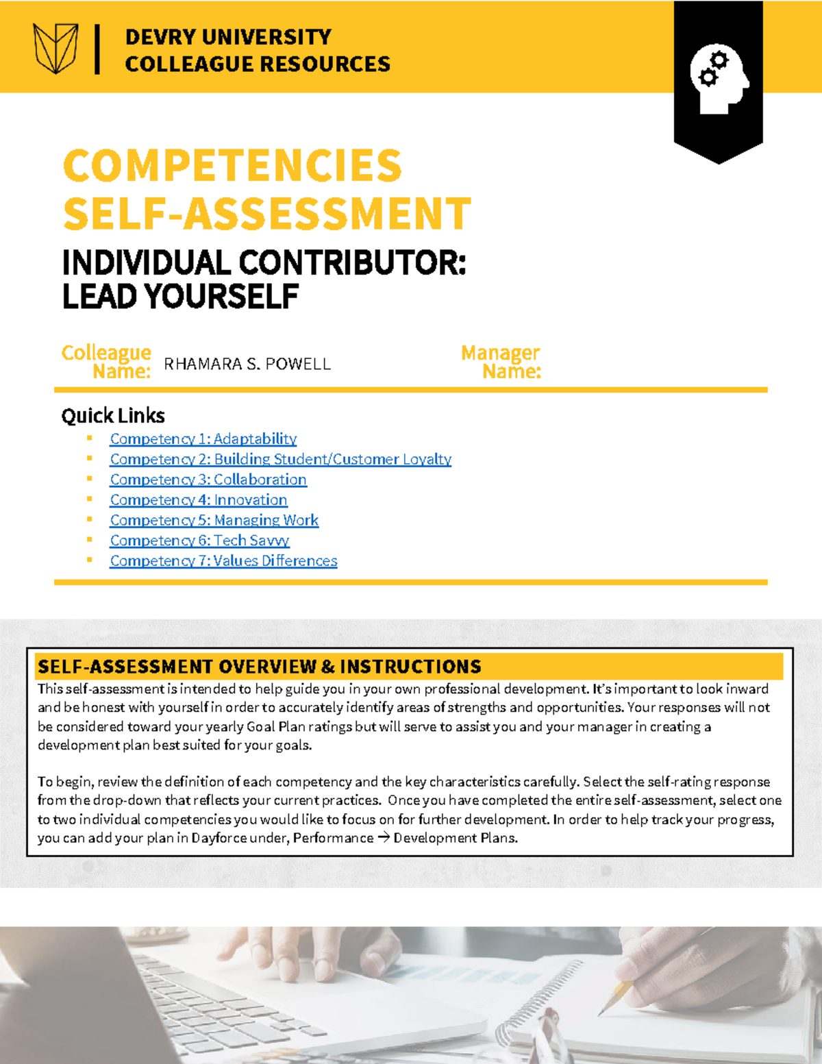 Self Assessment Powell.pdf - DEVRY UNIVERSITY COLLEAGUE RESOURCES COMPETENCIES SELF-ASSESSMENT ...