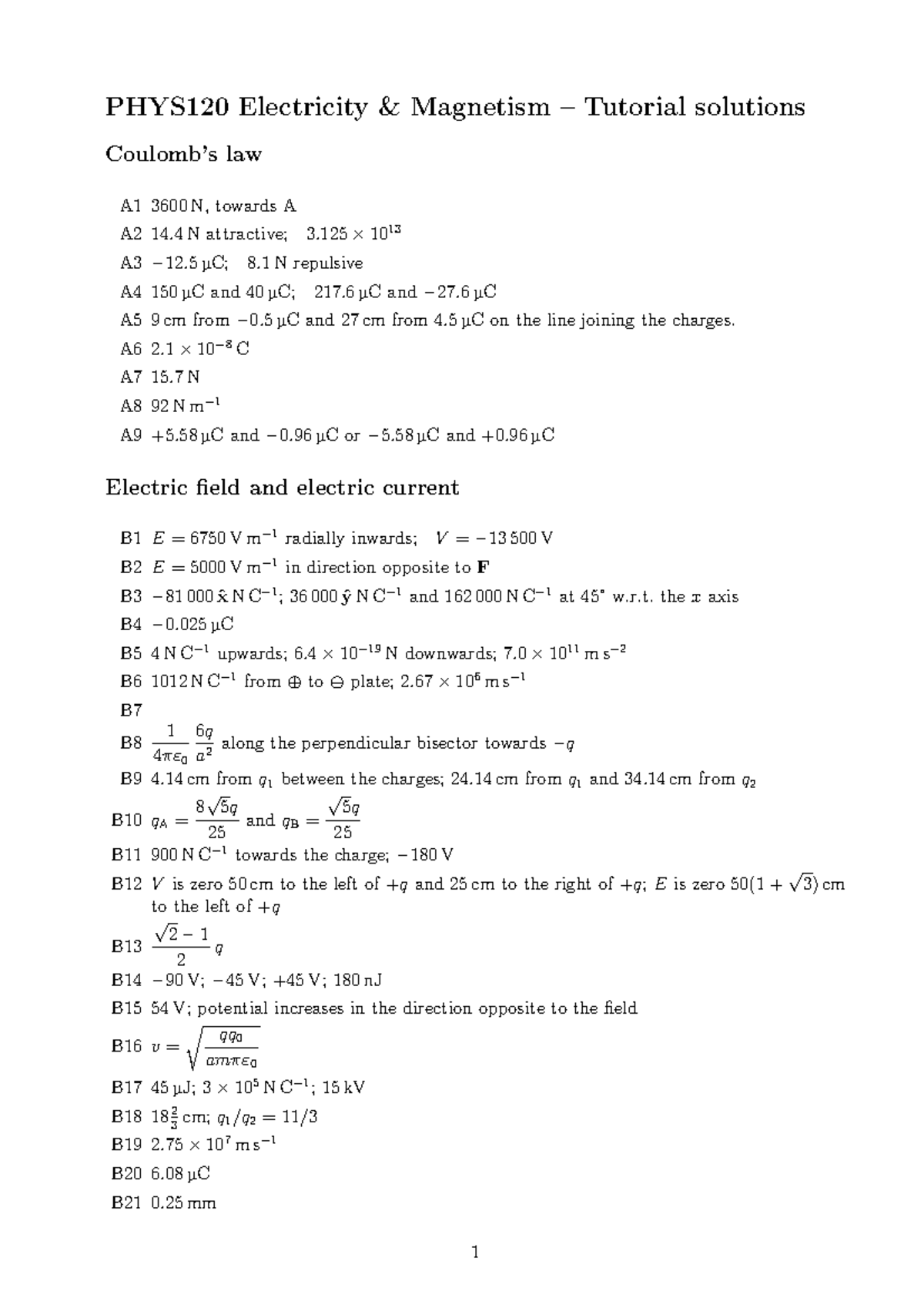 120em-tut-answers - TUTS - PHYS120 Electricity & Magnetism – Tutorial solutions Coulomb’s law ...