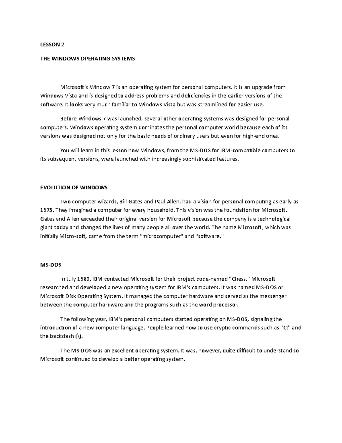 Lesson 2 - Operating System - LESSON 2 THE WINDOWS OPERATING SYSTEMS ...