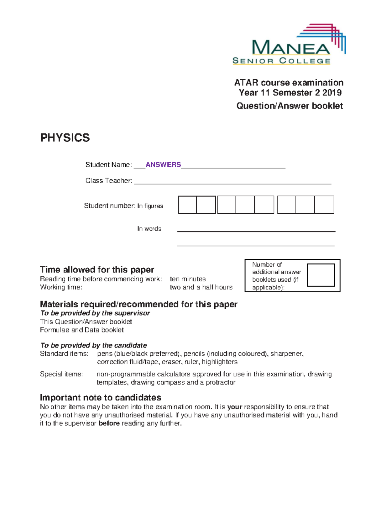 2019 Physics EOY examination Answers - ATAR course examination Year 11 ...