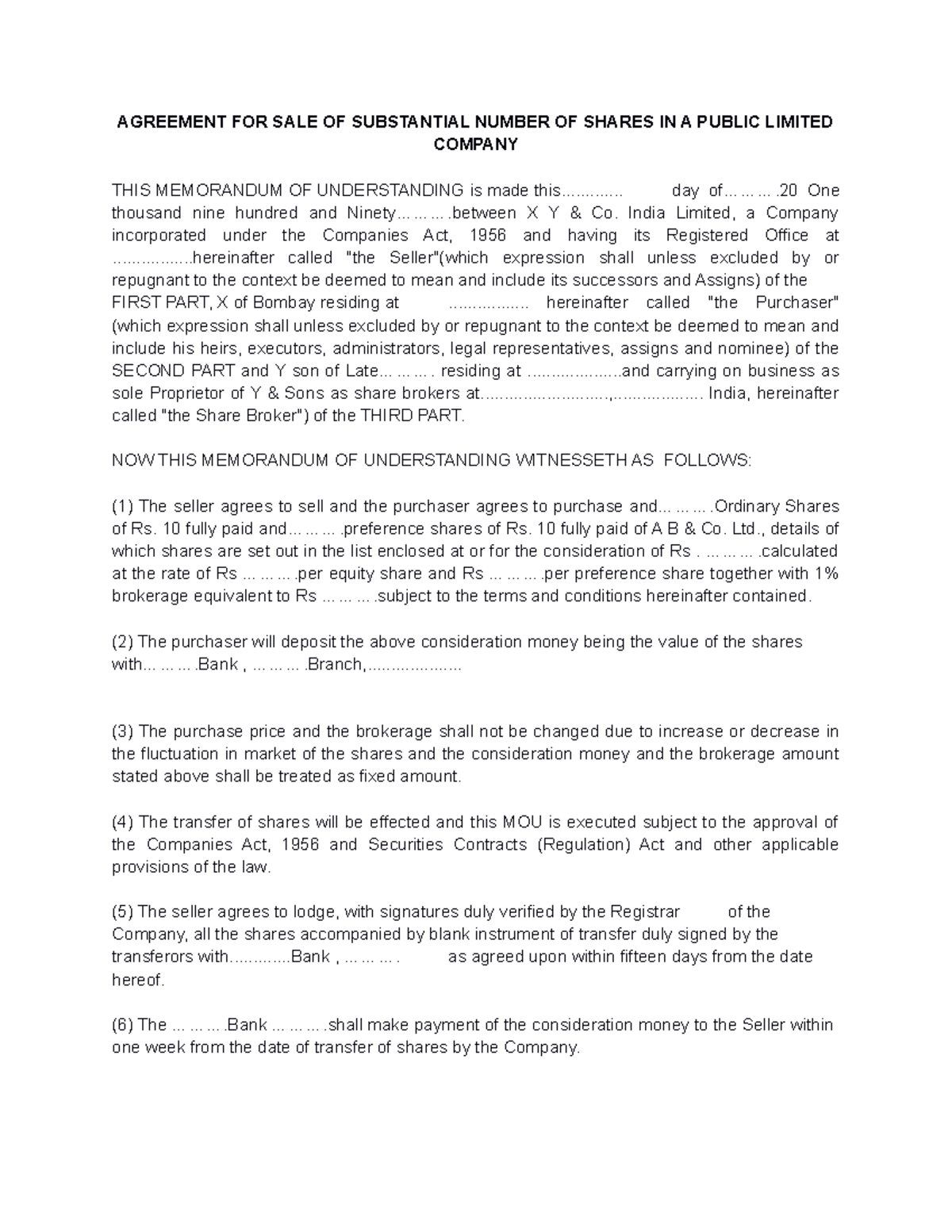 Agreement 4 SALE OF Substantial NO OF Shares IN PUB LTD - AGREEMENT FOR ...