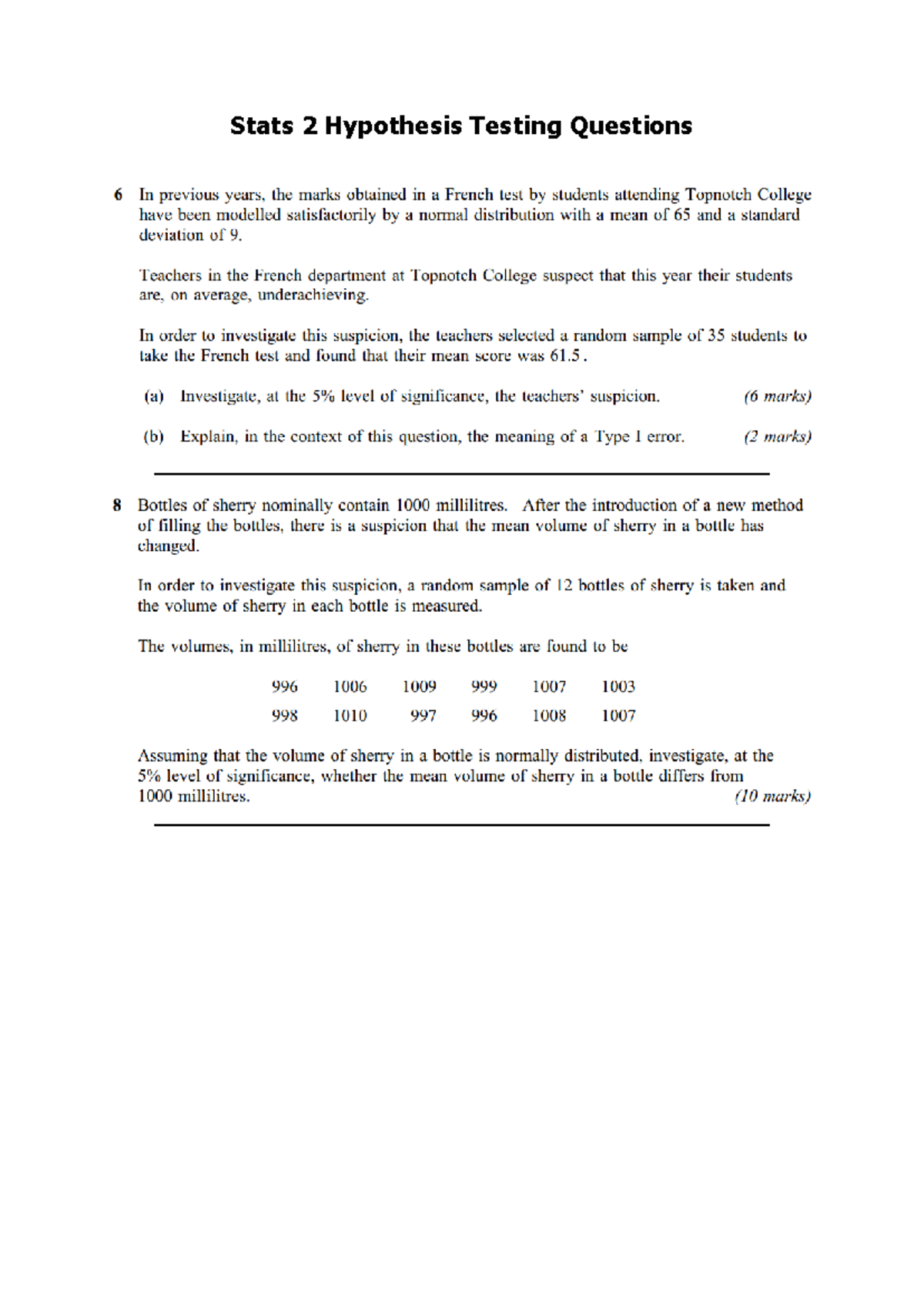Questions - Hypothesis Testing - Bachelor of Management Studies - Stats ...