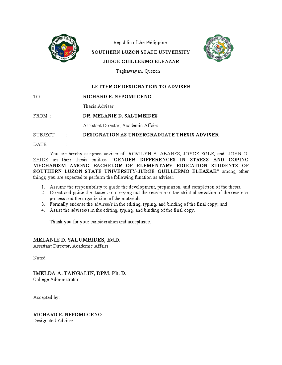 Letters-RJJ - SOUTHERN LUZON STATE UNIVERSITY JUDGE GUILLERMO ELEAZAR ...