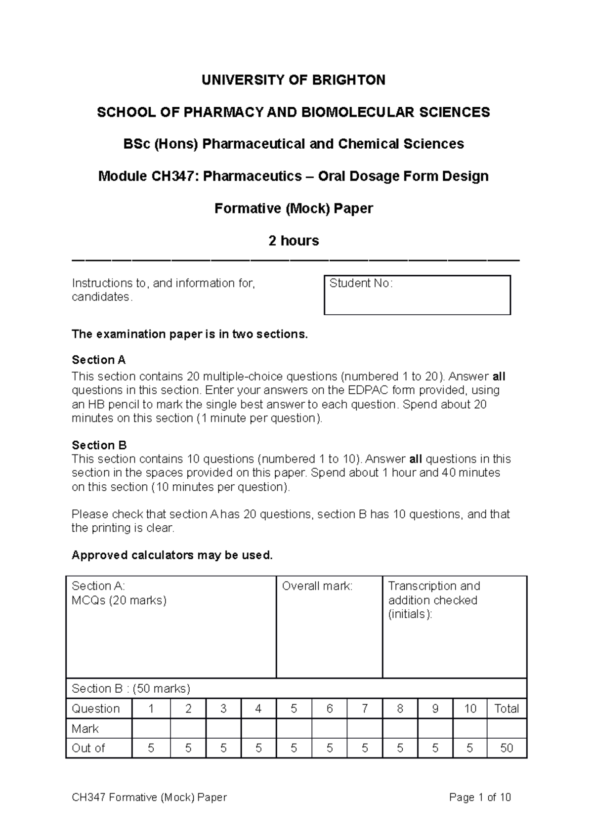 CH347-Mock-Paper - formative paper - UNIVERSITY OF BRIGHTON SCHOOL OF ...