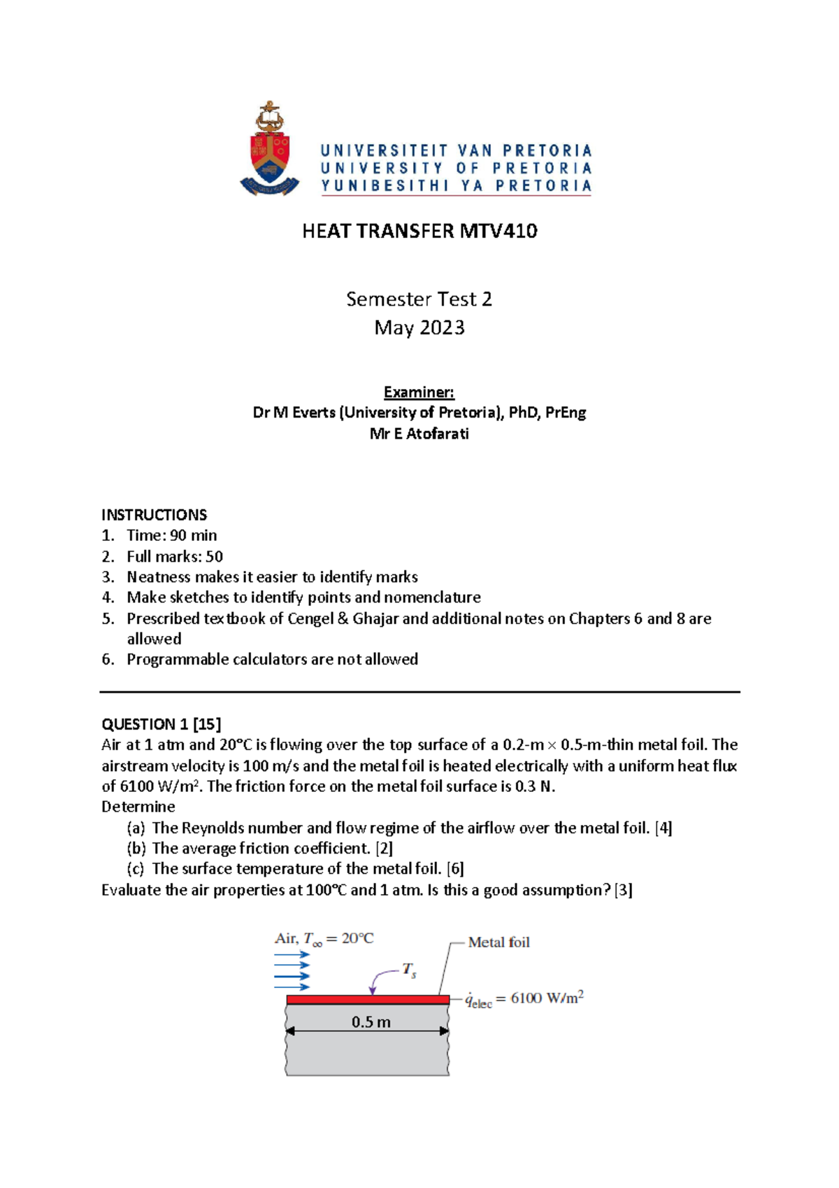 Test 2 2023 - st2 - HEAT TRANSFER MTV Semester Test 2 May 2023 Examiner ...
