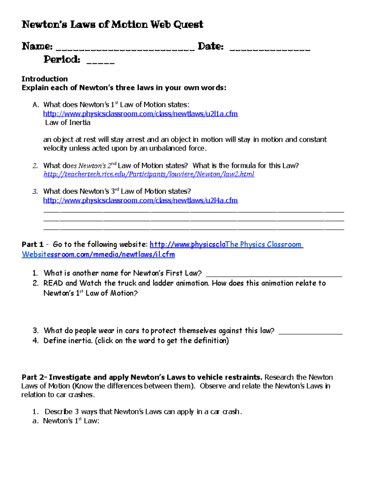 Newtons Laws Webquest - bnht - Newton’s Laws of Motion Web Quest Name
