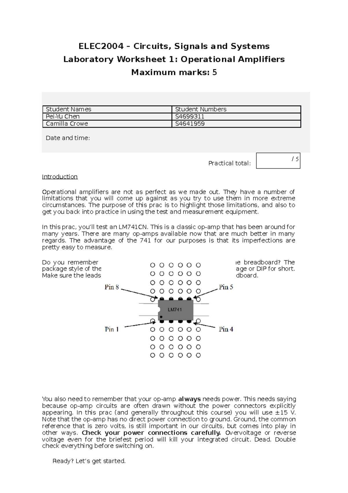 Lab worksheet 1 - Operational Amplifiers - ELEC2004 – Circuits, Signals and Systems Laboratory ...