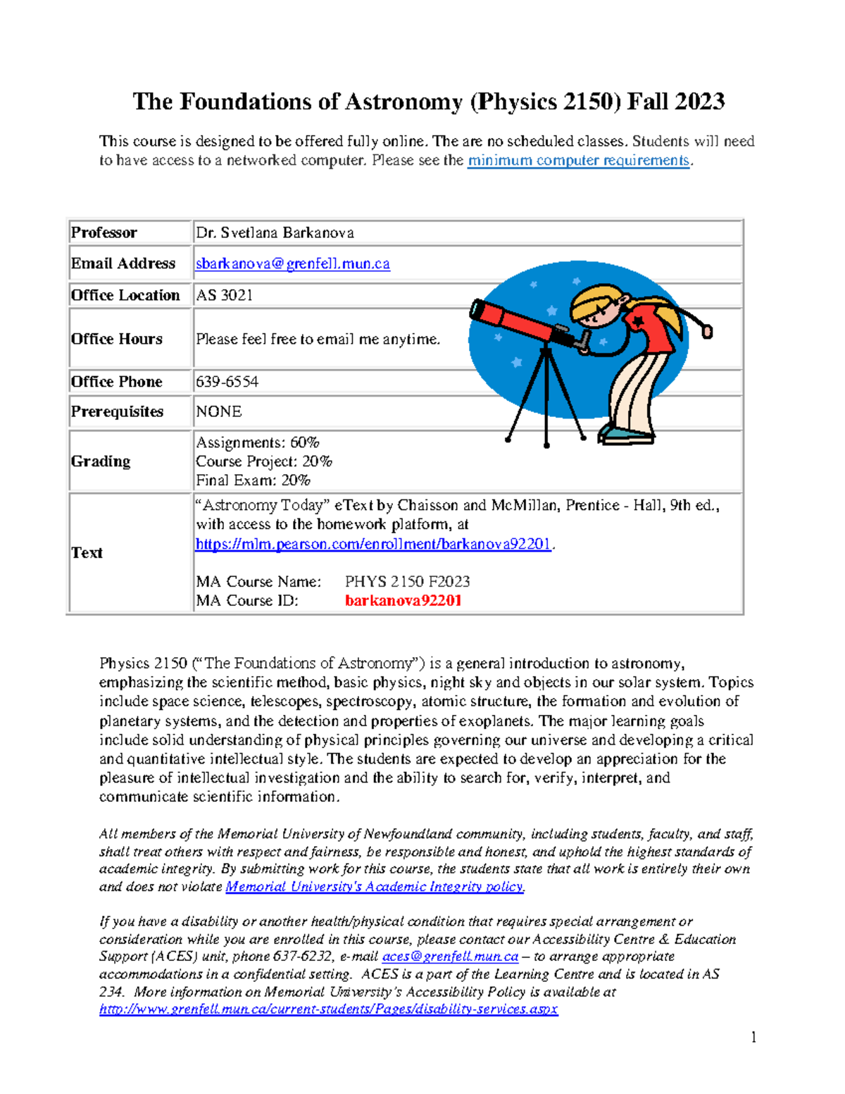 PHYS2150 Syllabus F2023 Barkanova - 1 The Foundations of Astronomy ...