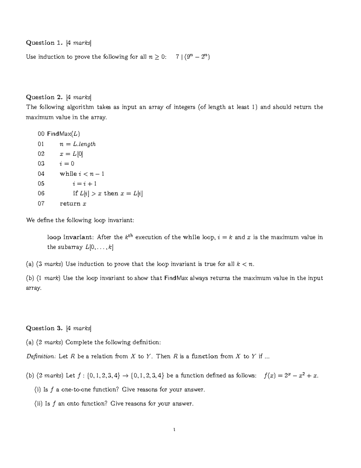 Final exam 2019 - IDSA - Question 1. [4 marks] Use induction to prove ...