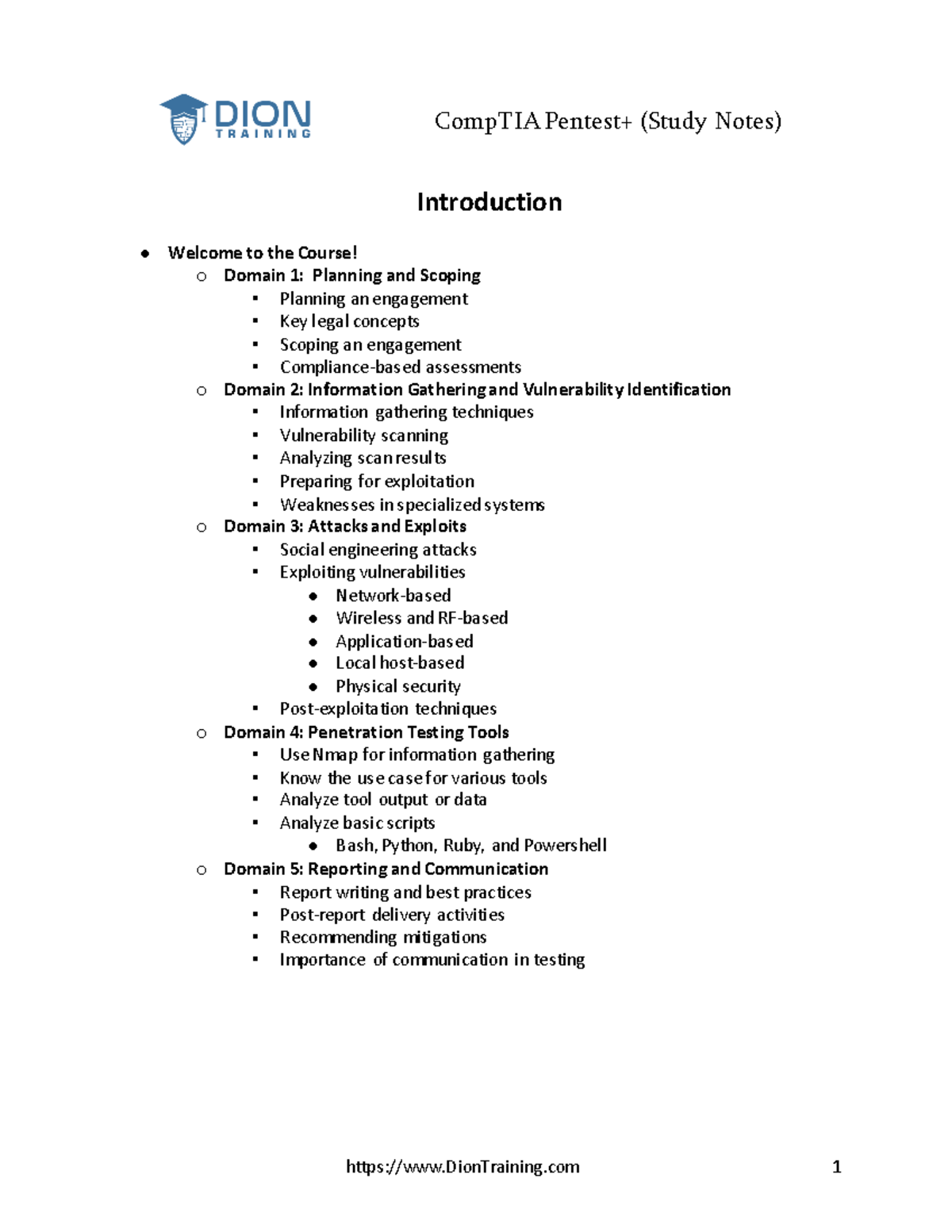 Comp TIA Pentest Study Notes - Introduction Welcome to the Course! o ...