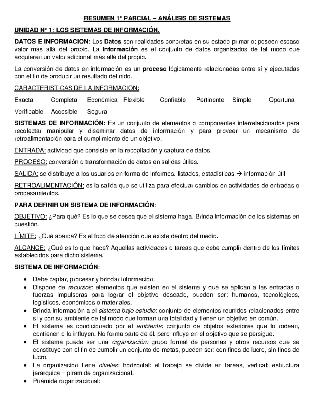 Resumen 1° Parcial - ASI - RESUMEN 1° PARCIAL – ANÁLISIS DE SISTEMAS UNIDAD N° 1: LOS SISTEMAS ...