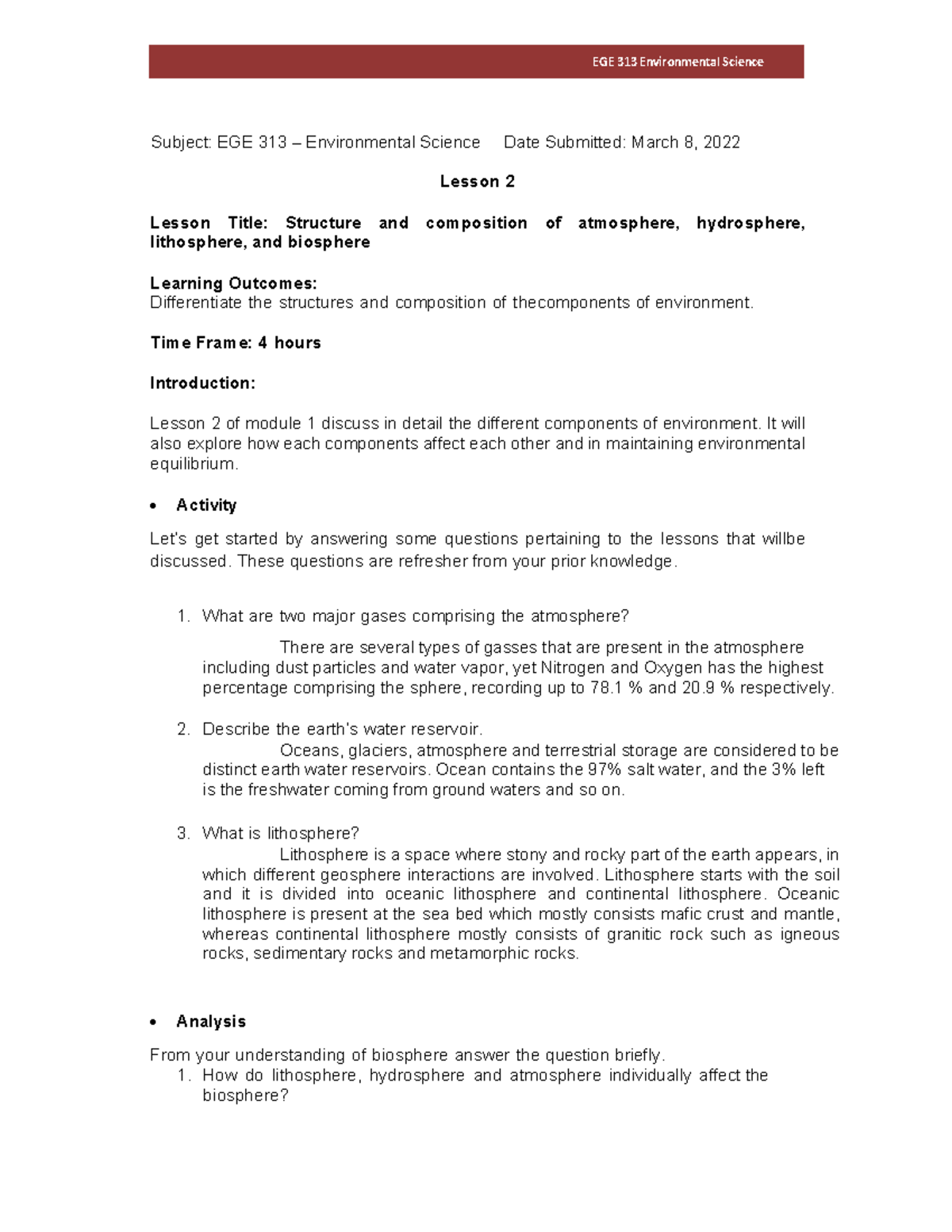 EGE313 Activity Analysis - EGE 313 Environmental Science Subject: EGE 313 – Environmental ...