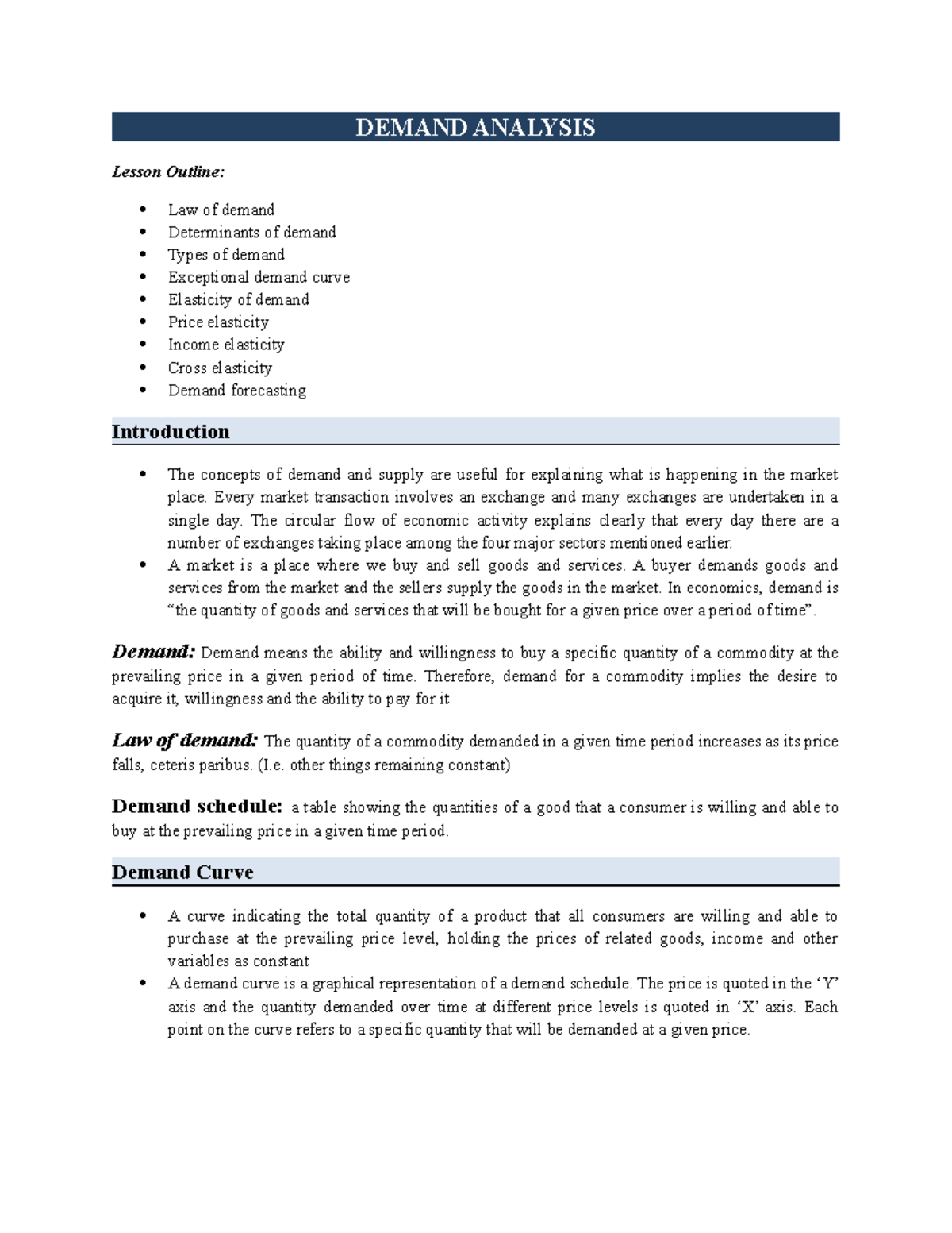 Demand Analysis - DEMAND ANALYSIS Lesson Outline: Law of demand ...