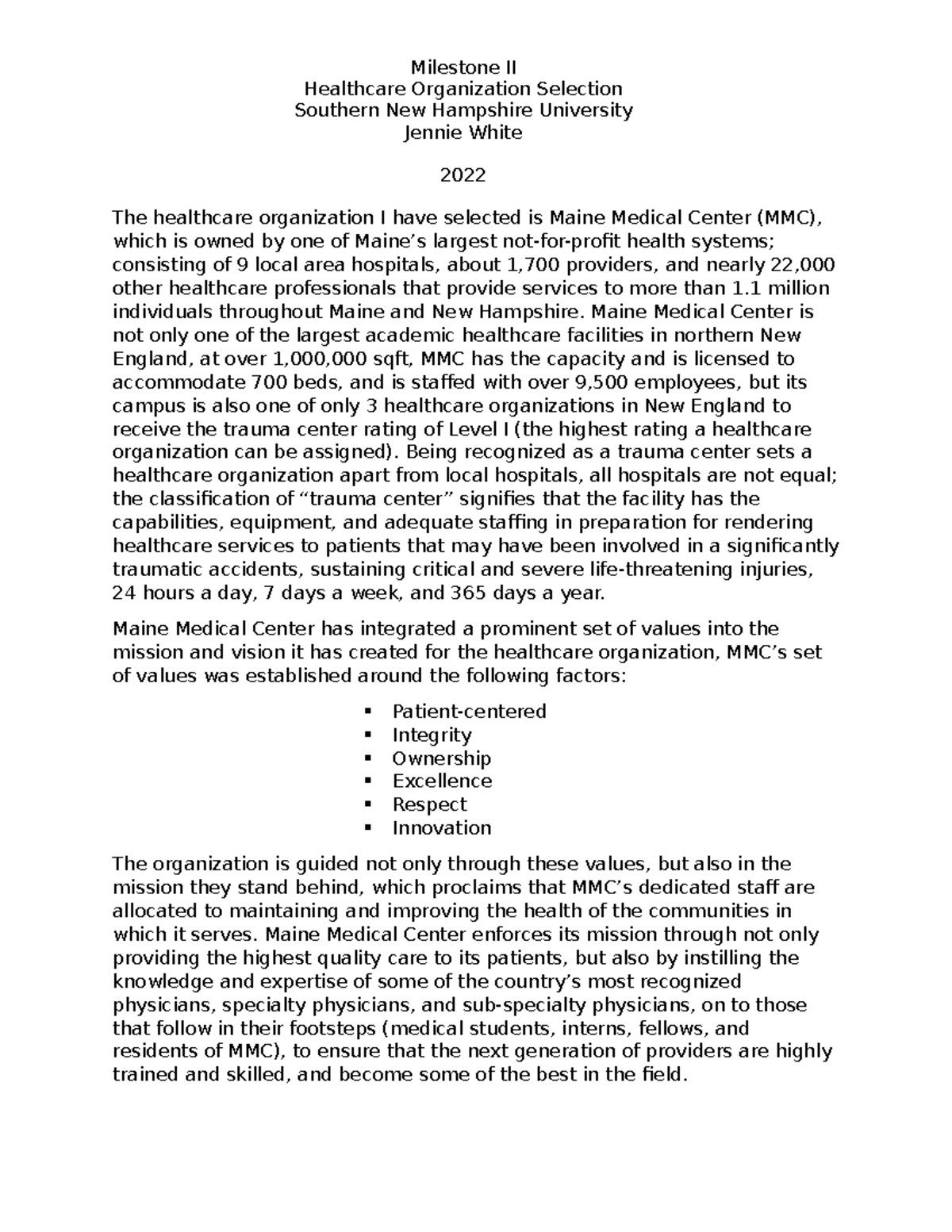 Milestone II Healthcare Organization Selection - Milestone II ...