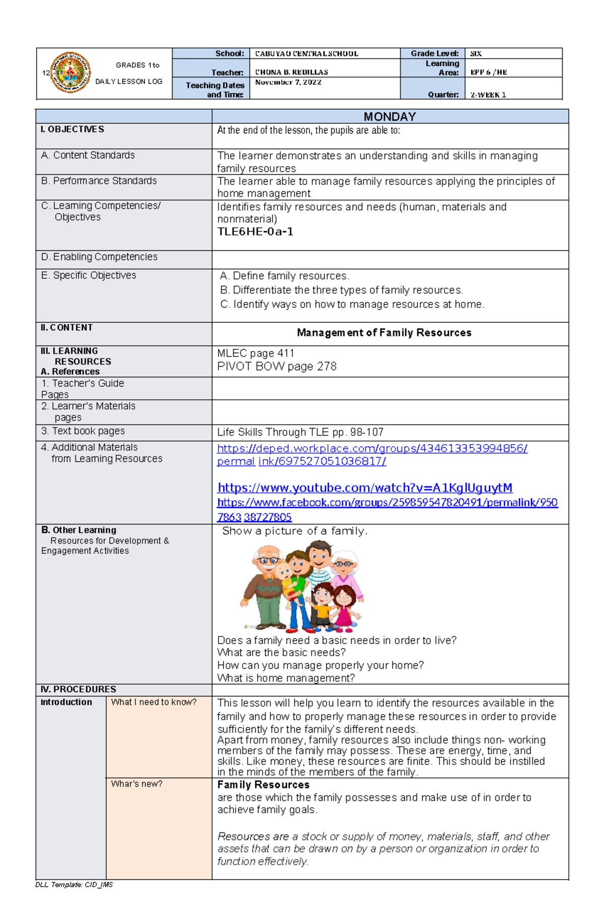 HE WEEK 1 - DLL - GRADES 1 to 12 DAILY LESSON LOG ####### School ...