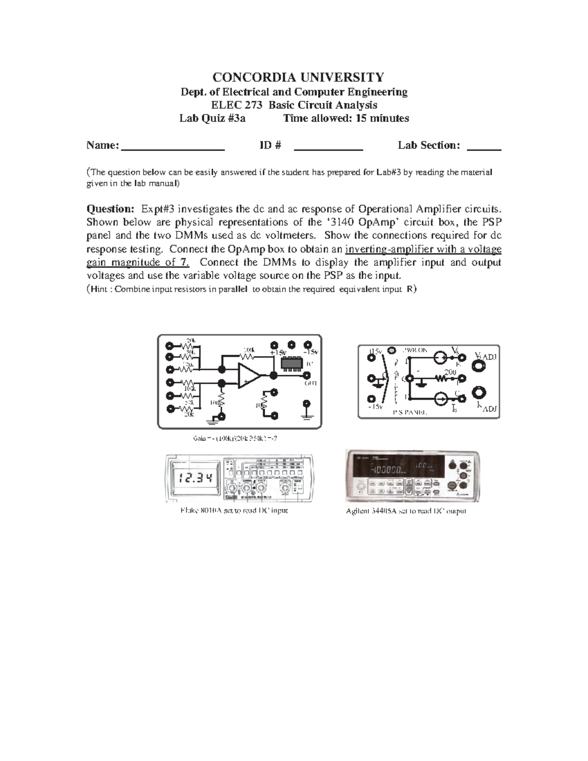 Prelab Quiz 3A (Lab) - CONCORDIA UNIVERSITY Dept. of Electrical and Computer Engineering ELEC ...