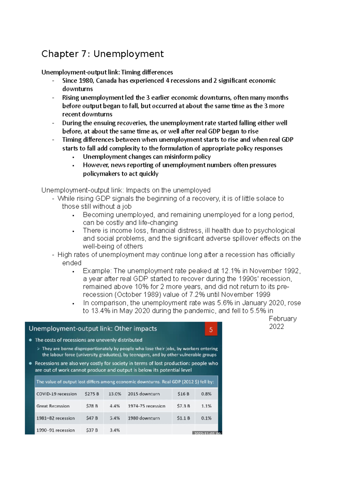 Chapter 7- Unemployment - Chapter 7: Unemployment Unemployment-output link: Timing differences ...