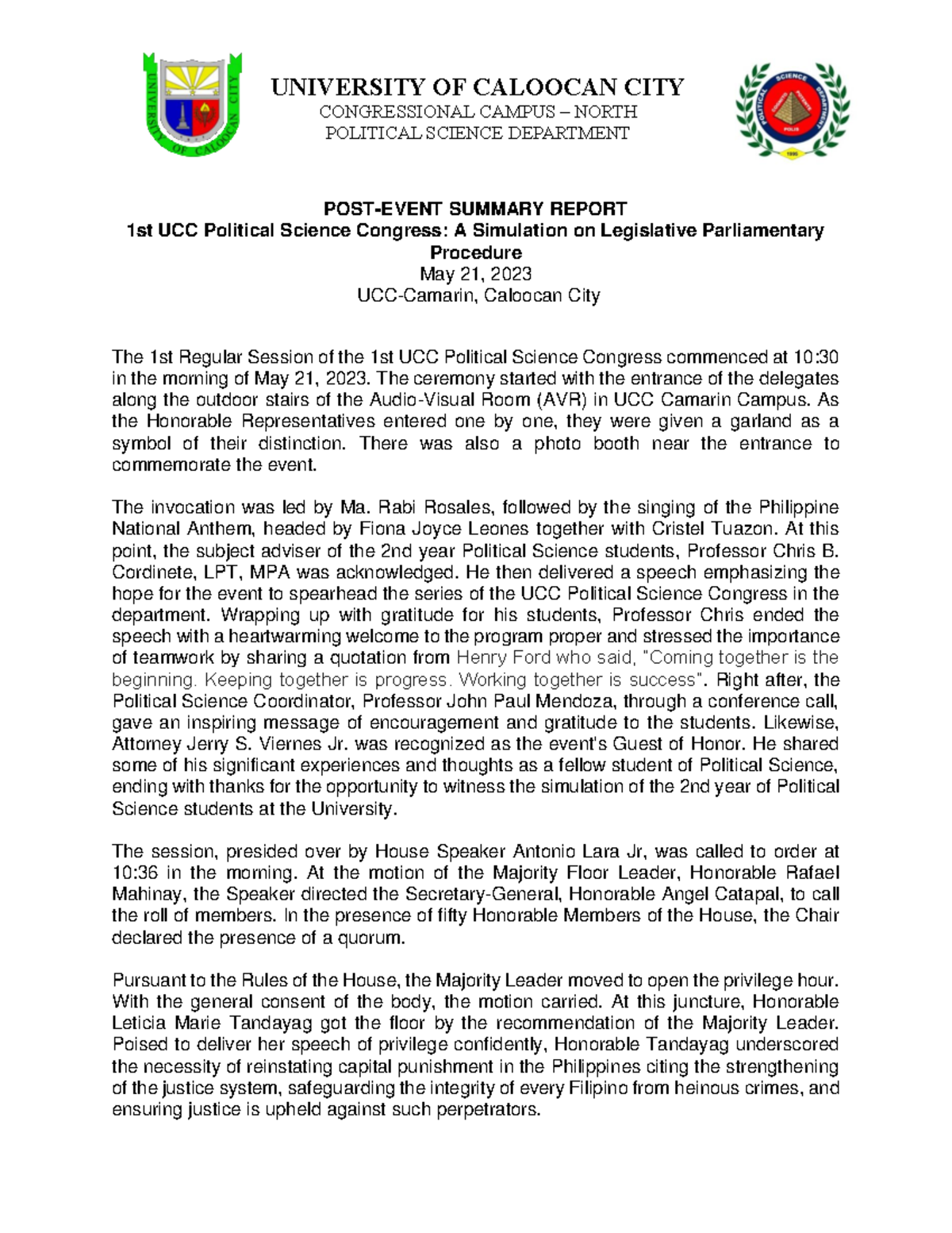 POST- Event Summary Report Parliamentary Procedure Prof. Cordinete ...